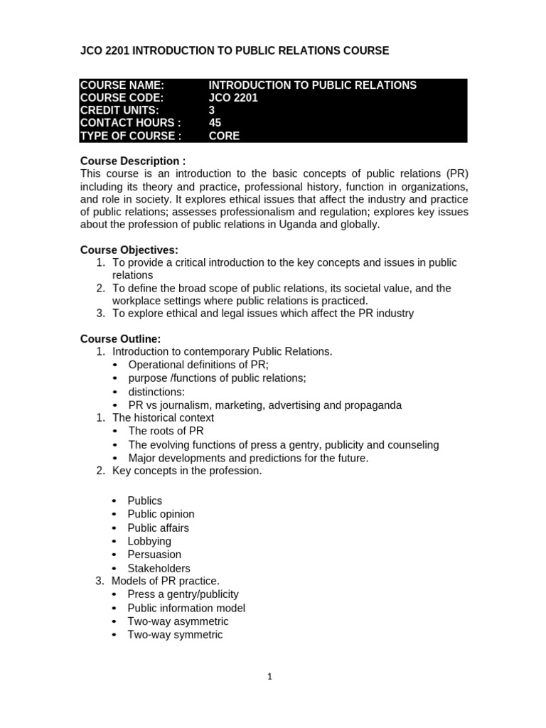 Jco 2201 Introduction To Public Relations Course | PDF