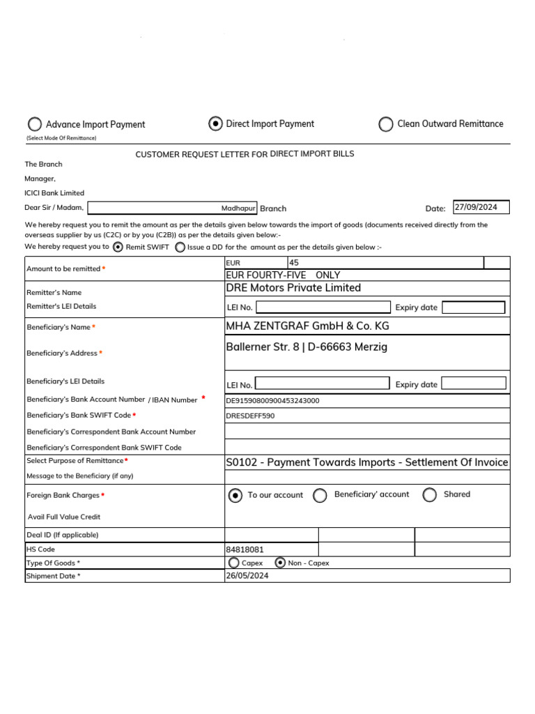 MHA ZENTRAF Balance Smart CRL For Outward Remittance | PDF