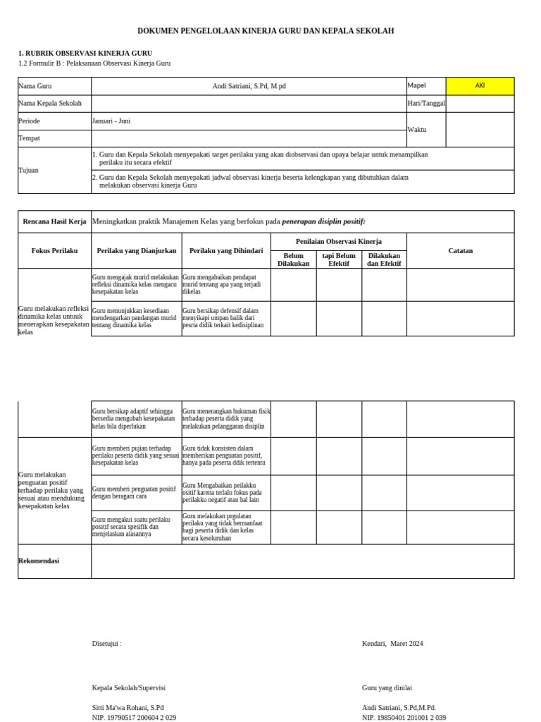Form Observasi Penerapan Disiplin B2 | PDF