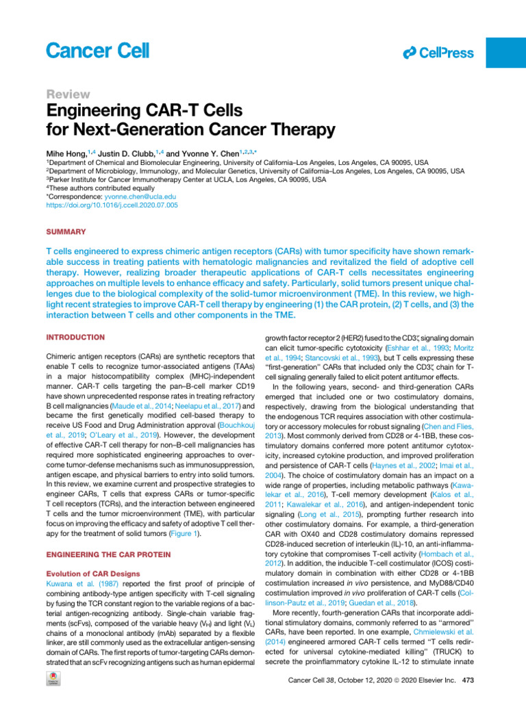 Engineering CAR-T Cells For Next Generation Cancer Therapy | PDF