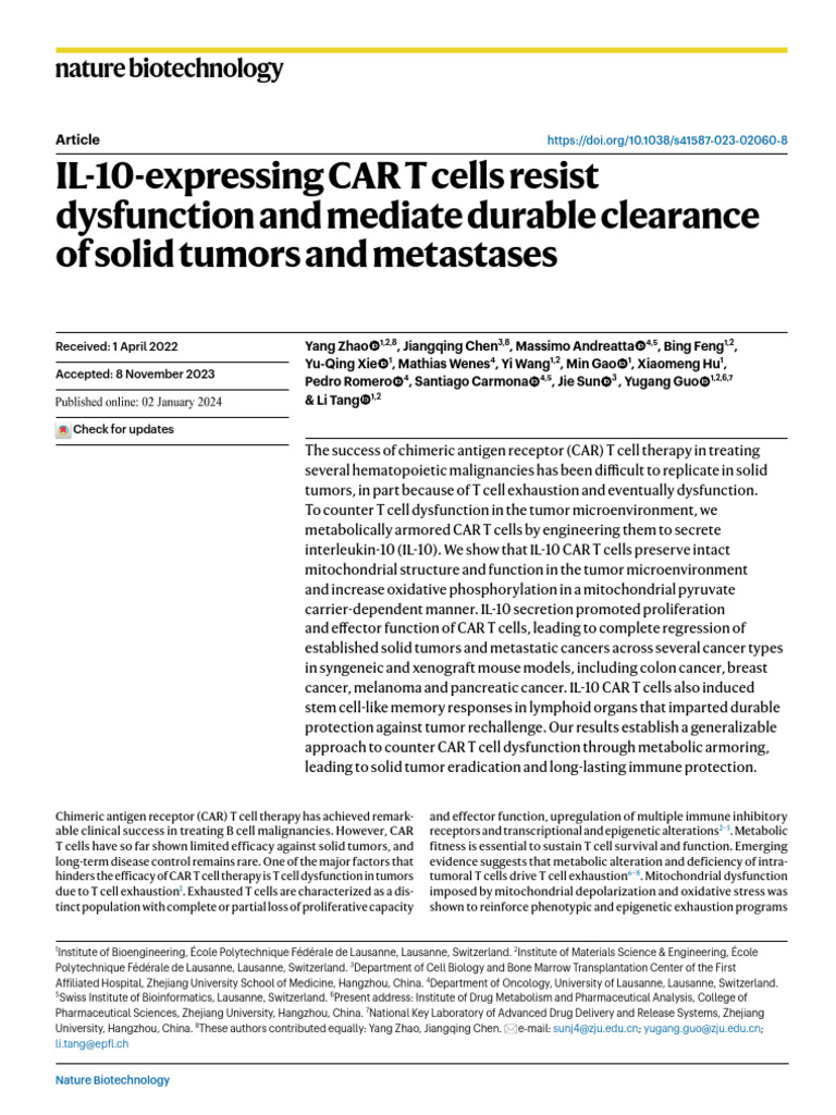 Nature Biotechnology IL-10-expressing Car T Cells Resist Dysfunction ...