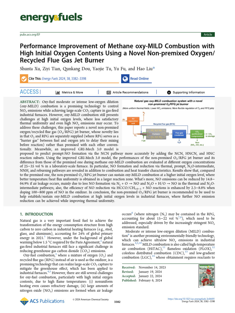 Xu Et Al 2024 Performance Improvement of Methane Oxy Mild Combustion With High Initial Oxygen ...