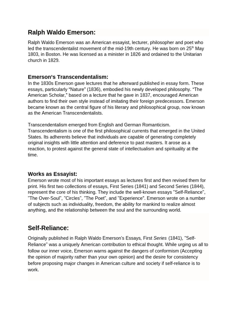 Self Reliance by Ralph Waldo Emerson Notes BS4 | PDF