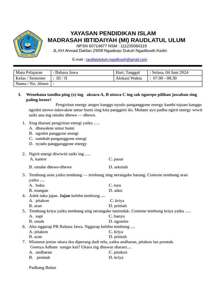 Soal Pat BJ-3 | PDF