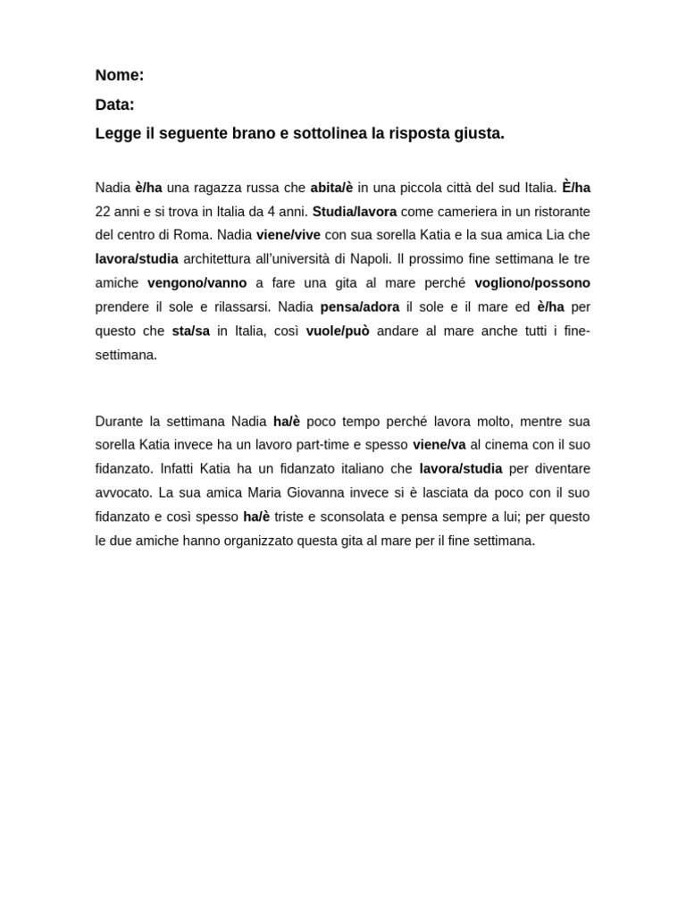 Actividad de Lectura Italiano | PDF