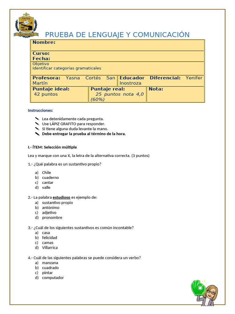 Prueba de Lenguaje Cuarto Básico. Gramática 19 de Julio | PDF