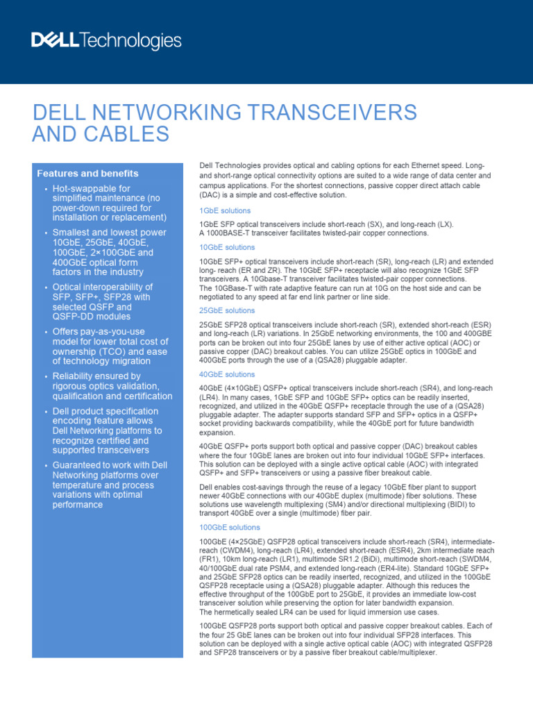 Dell EMC Networking Optics Spec Sheet | PDF