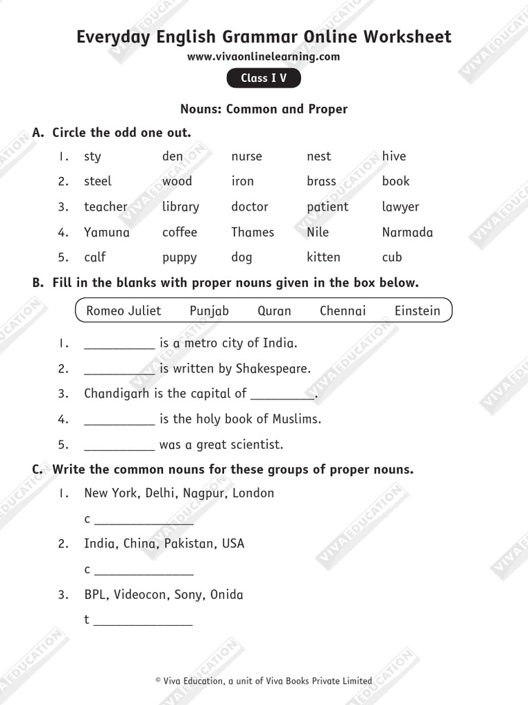 Grammer Class 4th Worksheet | PDF