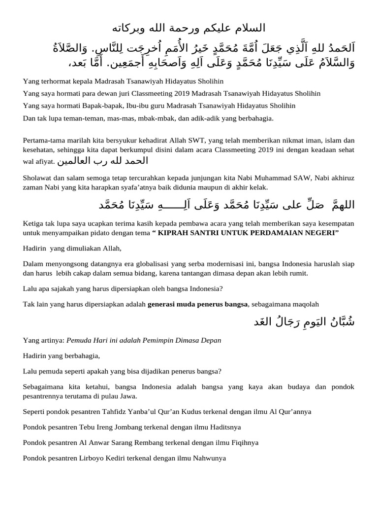 Teks Pidato Santri Untuk Perdamaian Negri | PDF