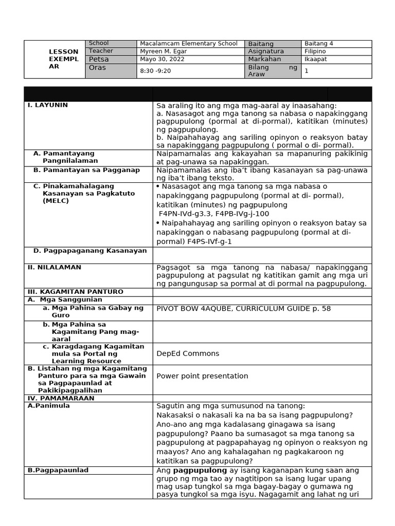 May 30 - LESSON EXEMPLAR-FILIPINO | PDF