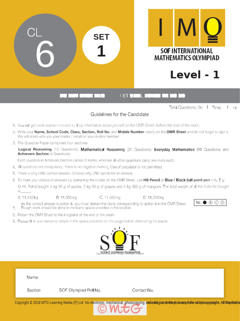 Imo Level1 Class 6 Set 1 | PDF