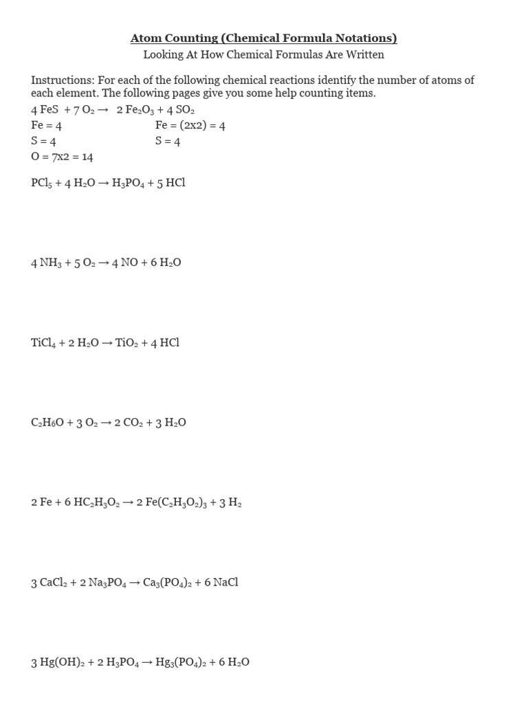 Atom Counting in Chemical Formulas | PDF | Molecules | Chemical Substances