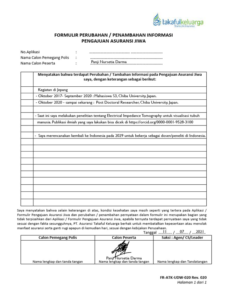 FR-ATK-UDW-020 Rev. 00 - Formulir Perubahan Pengajuan Asuransi Jiwa | PDF