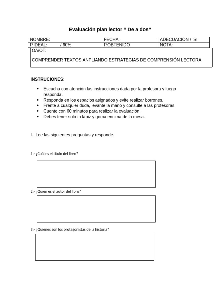 Evaluación Plan Lector | PDF