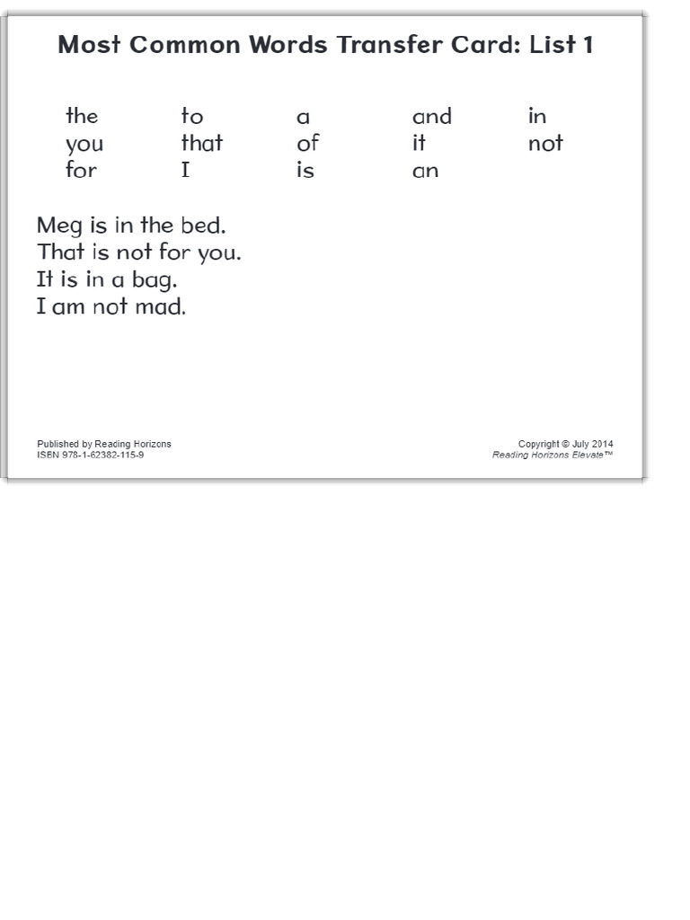 Most Common Words Transfer Card - List 1 - PDF | PDF