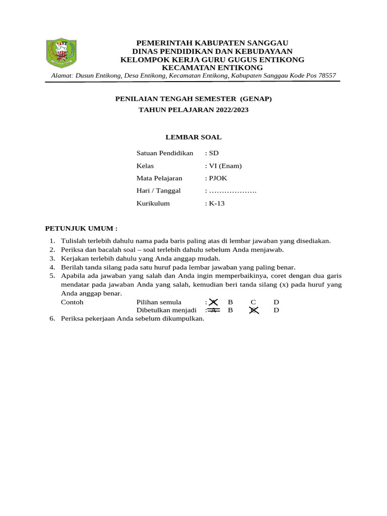 KKG Kisi2 Dan Soal PJOK Kls 6 SD PTS-S.II | PDF