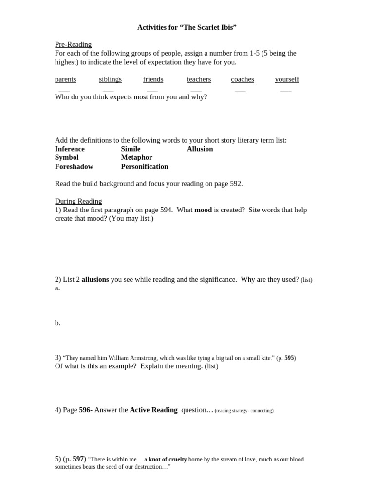 Pre and During Activities For The Scarlet Ibis | PDF