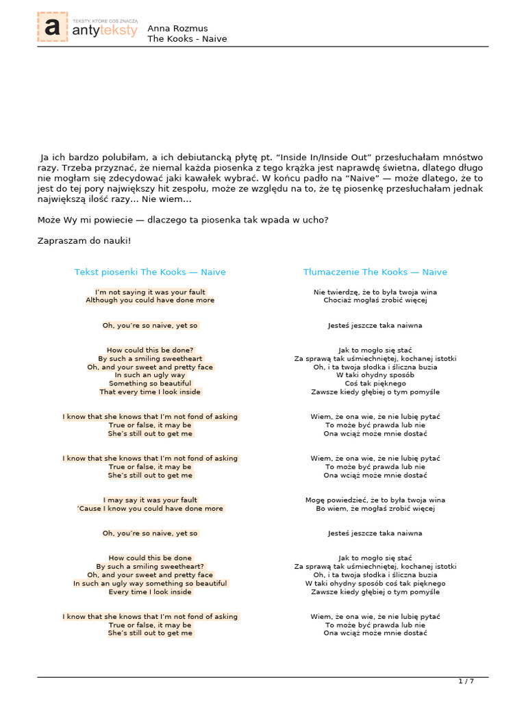 Antyteksty Com The Kooks Naive | PDF
