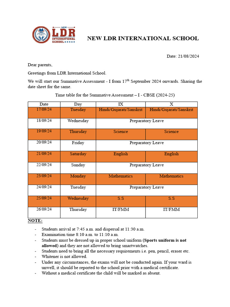 Sa-I-Exam-Time Table-Ix-X - 2024-25 | PDF