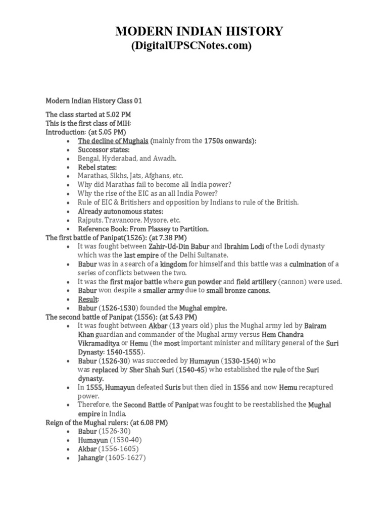 Modern Indian History Class Notes | PDF