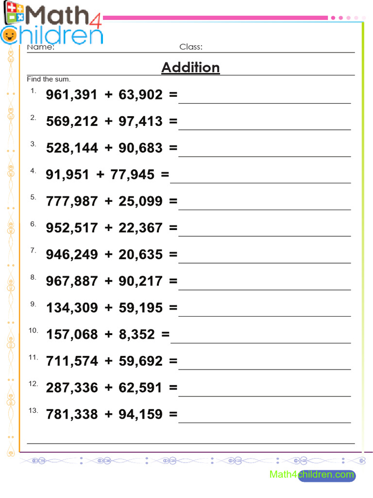 Addition 5 Digits Horizontally | PDF