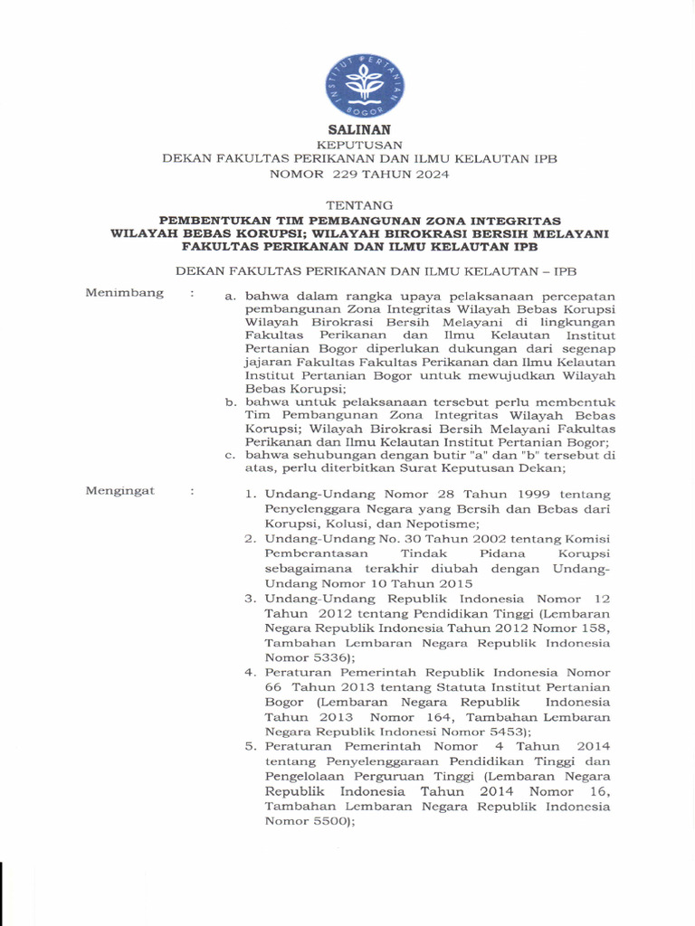 Salinan Keputusan Dekan Fakultas Perikanan Dan Ilmu Kelautan IPB Nomor ...