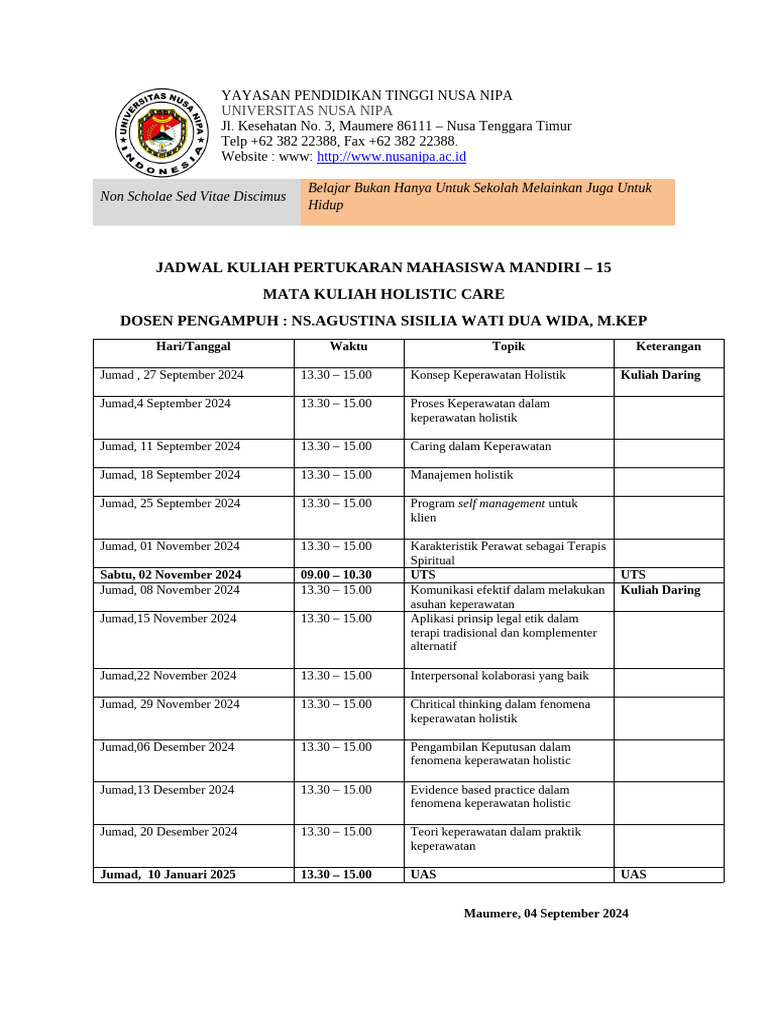 Jadwal Perkuliahan HOLISTIC CARE, MAHASISWA PMM | PDF | Self-Improvement | Wellness