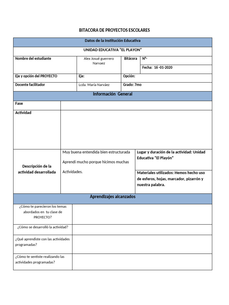 Bitacora de Proyectos Escolares | PDF
