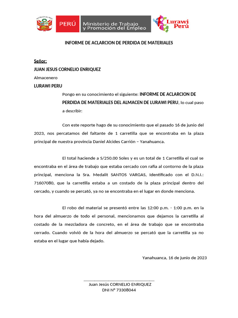 informe de perdida de la carretilla | PDF informe de perdida de la carretilla | PDF
