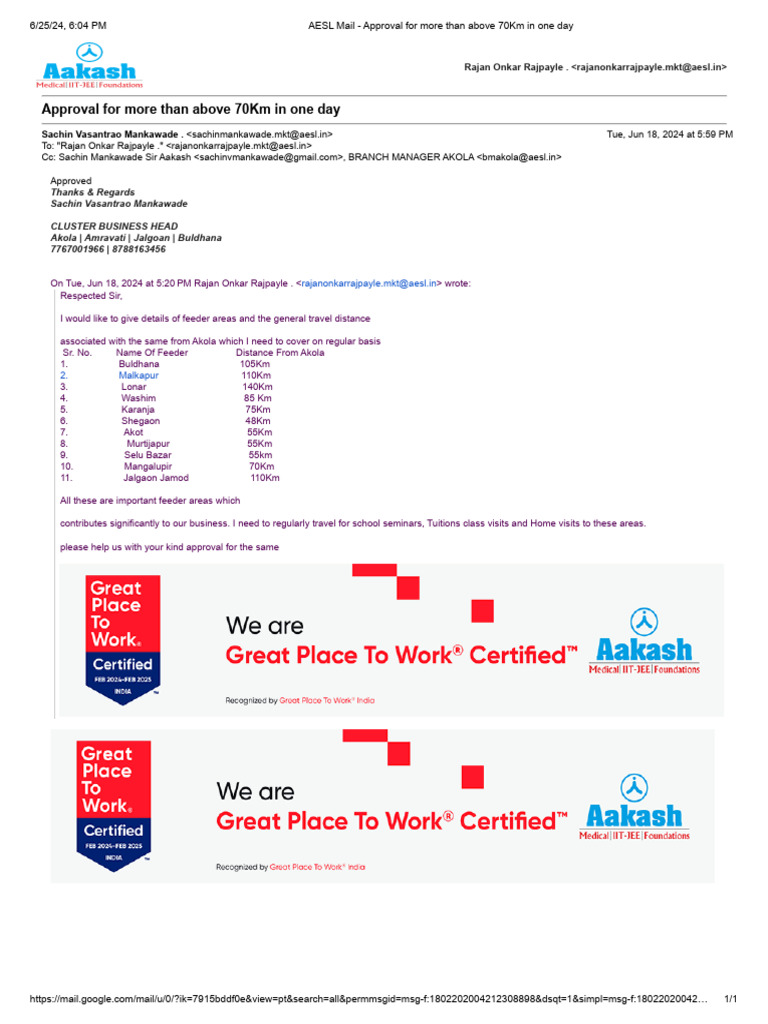 AESL Mail - Approval For More Than Above 70Km in One Day | PDF ...