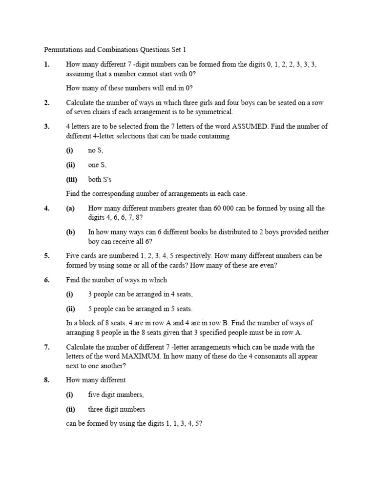 Copy Of Permutations And Combinations Questions Set 1 Pdf