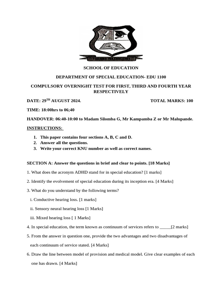 KNU EDU 1100 COMPULSORY OVERNIGHT TEST YR 1,3 and 4 | PDF