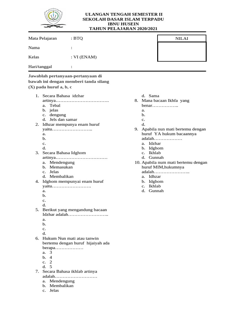 Jawablah Pertanyaan-Pertanyaan Di Bawah Ini Dengan Memberi Tanda Silang ...