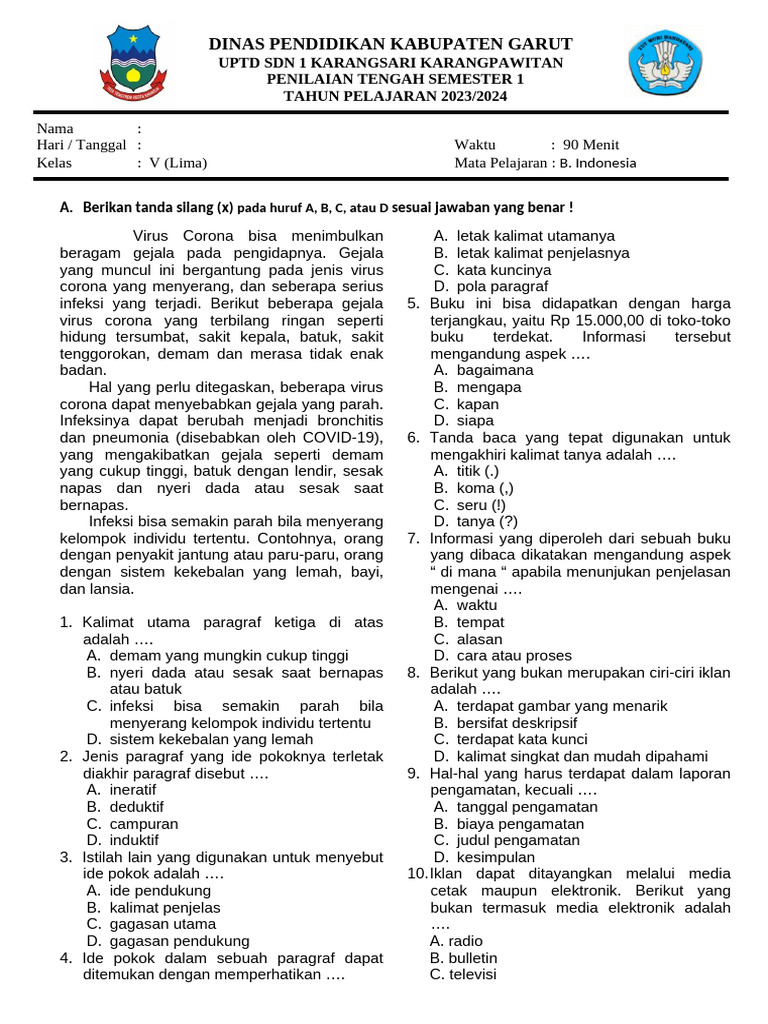 Soal PTS B Indo Kelas 5 Ganjil K13 | PDF