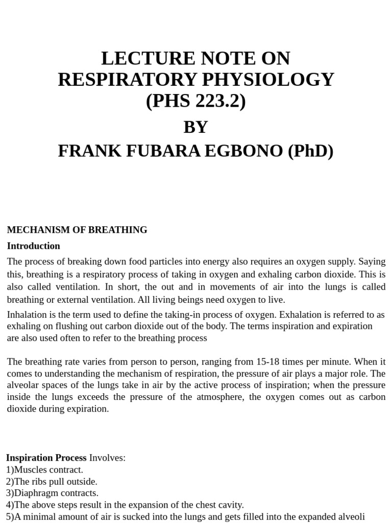 Lecture Note On Respiratory Physio (Phs 223 For Pharm and Nursing Student 2024 | PDF