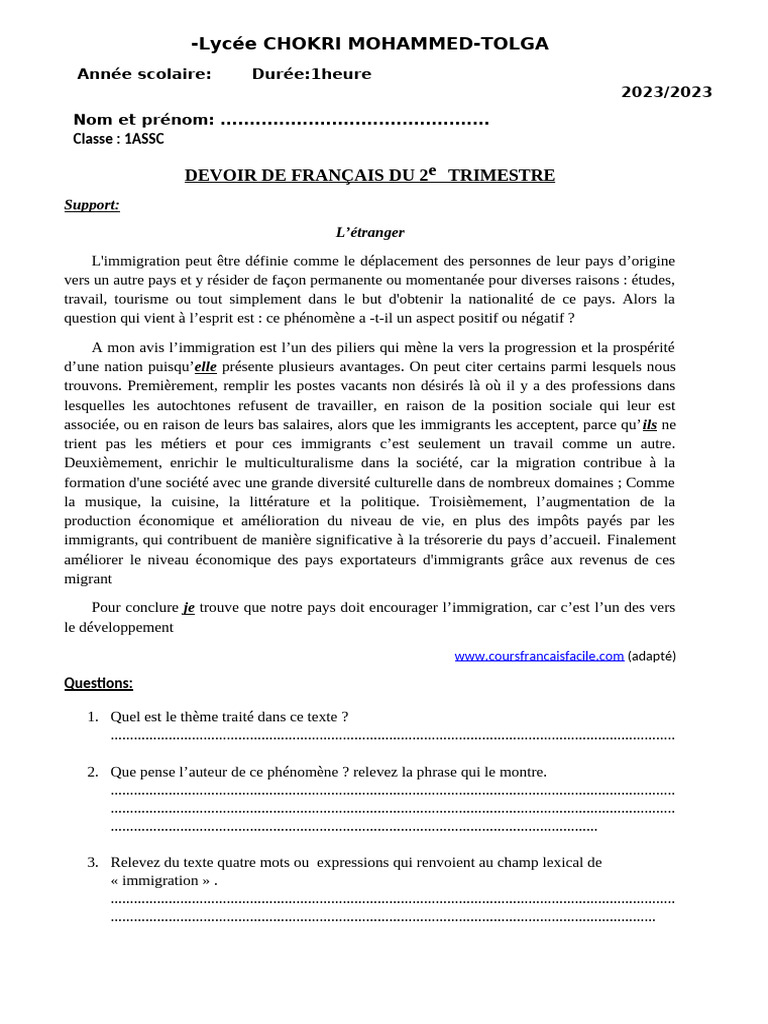 Devoir 1as Lemmigration | PDF