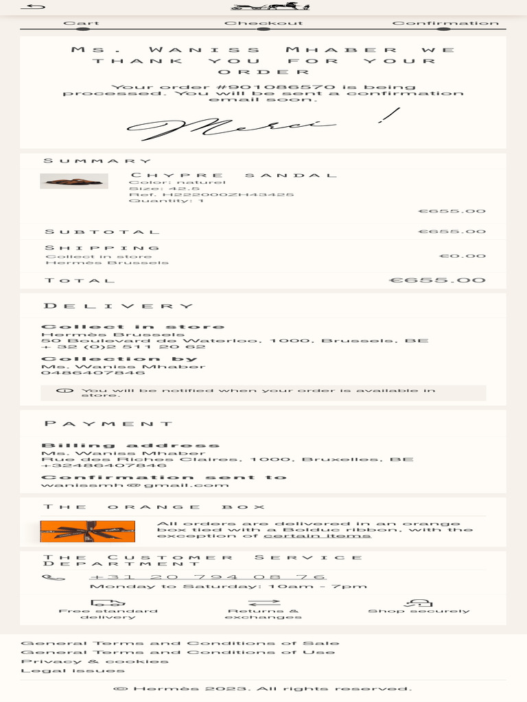 Order Confirmation Hermès Netherlands | PDF