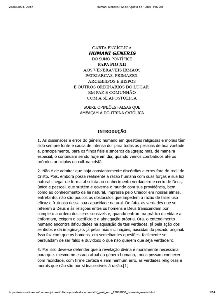 Humani Generis (12 de Agosto de 1950) - PIO XII | PDF