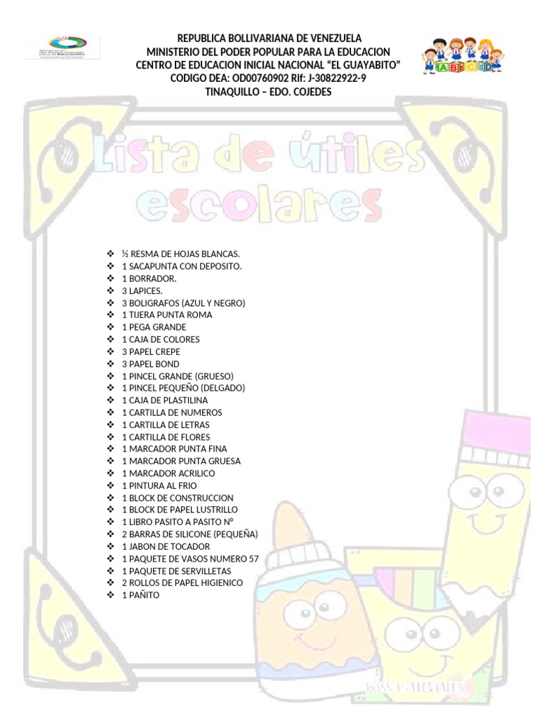 Lista de Utiles Preescolar | PDF