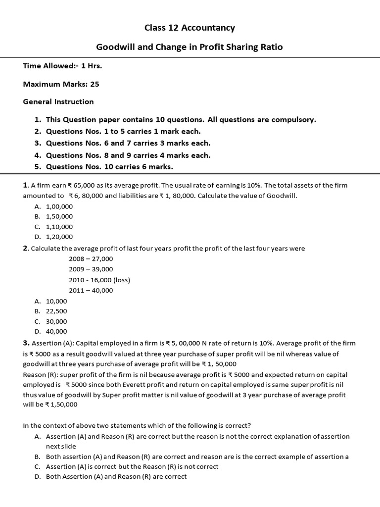Goodwill and Change in Profit Sharing Ratio Test Paper | PDF | Goodwill ...