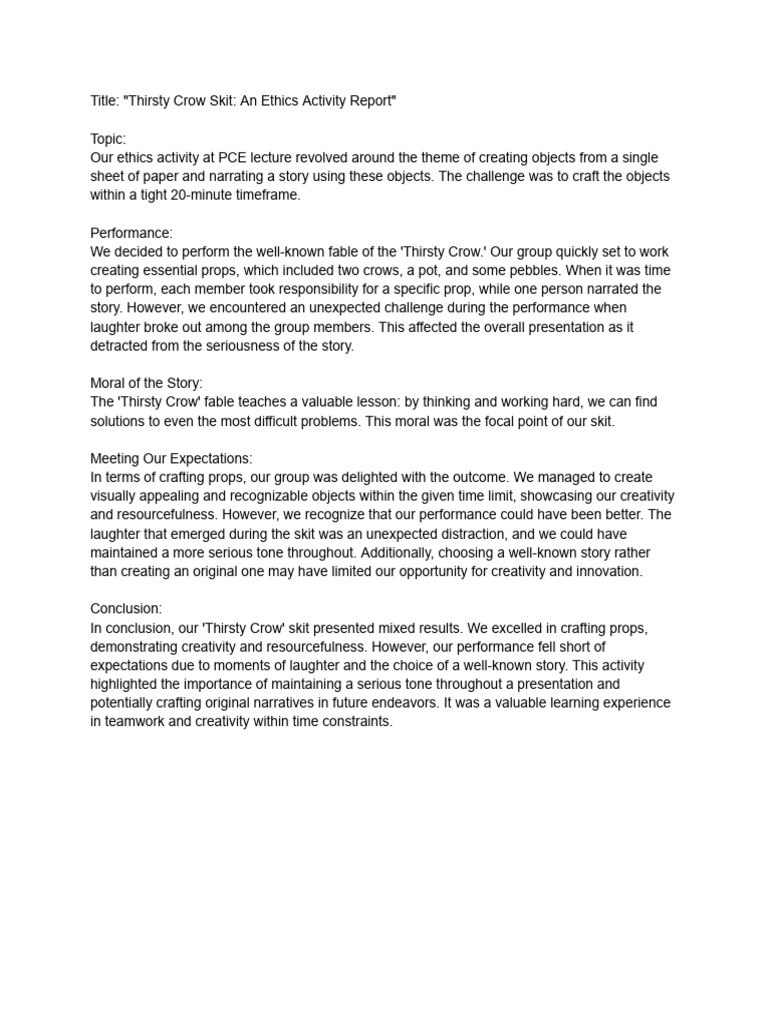 Title - Thirsty Crow Skit - An Ethics Activity Report | PDF