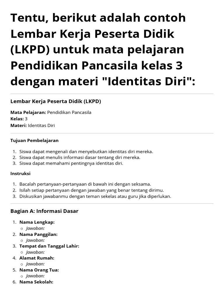 Tentu, Berikut Adalah Contoh Lembar Kerja Peserta Didik (LKPD) Untuk Mata Pelajaran Pendidikan ...