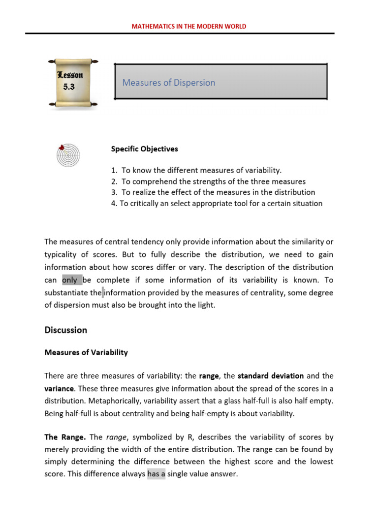 Measures of Dispersion: Lesson 5.3 | PDF