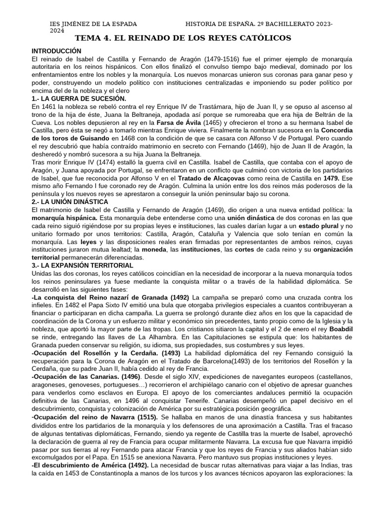 4.el Reinado de Los Reyes Católicos (2023-2024) | PDF