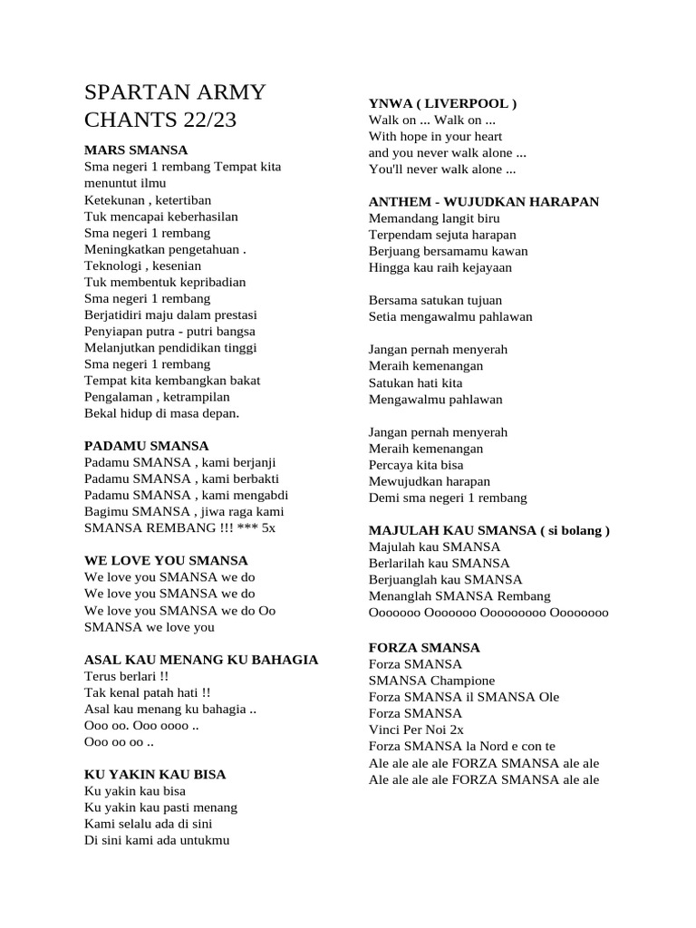 SPARTAN ARMY CHANTS 22 | PDF