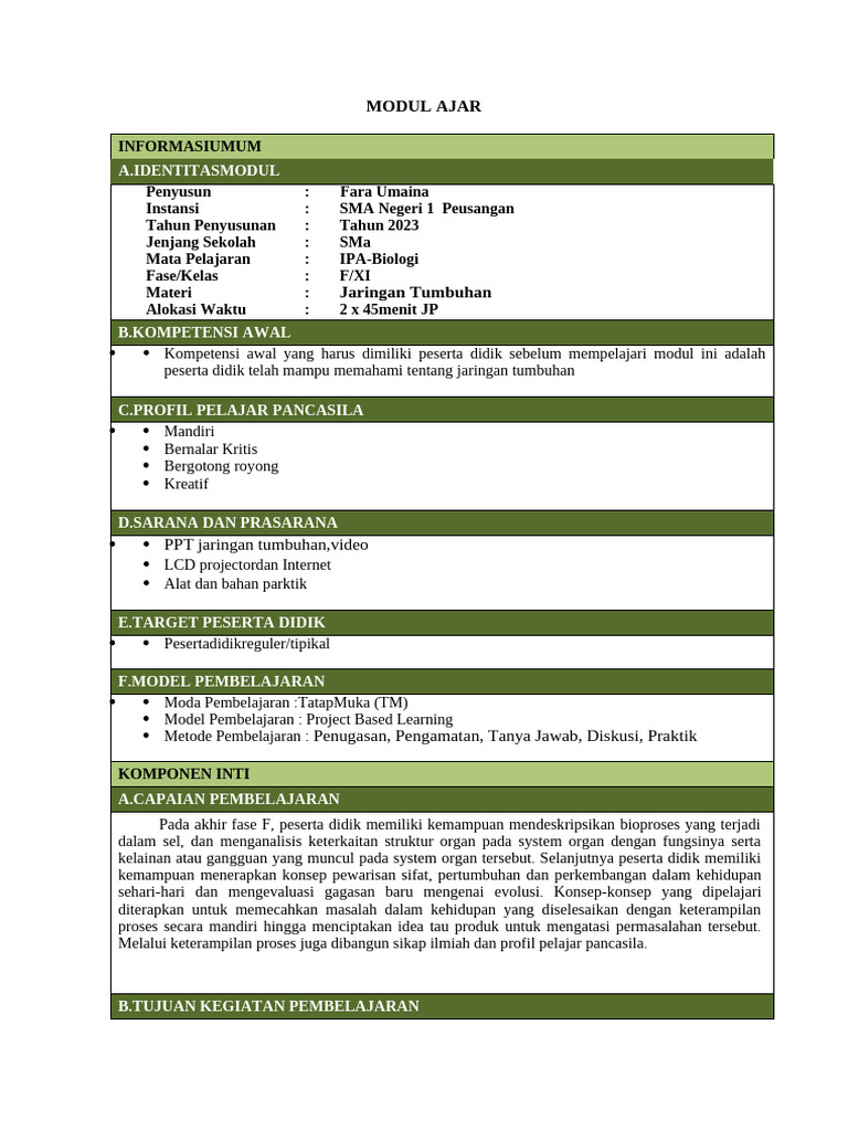 MODUL AJAR jaringan tumbuhan fara | PDF MODUL AJAR jaringan tumbuhan fara | PDF