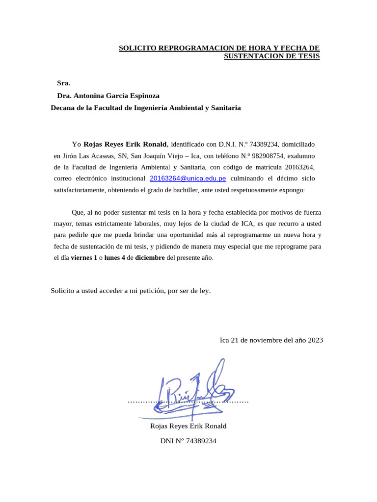 Solicito Reprogramacion de Sustentacion de Teisi | PDF