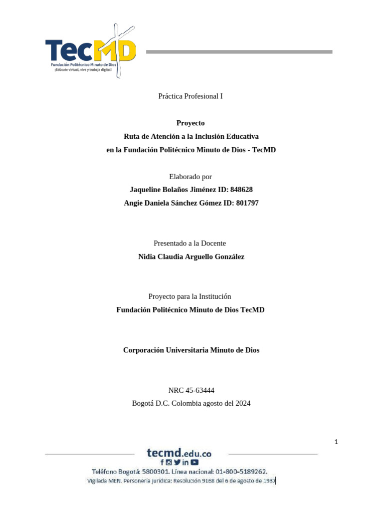 Proyecto Ruta de Atención A La Inclusion Educativa en El Tecmd V3 | PDF