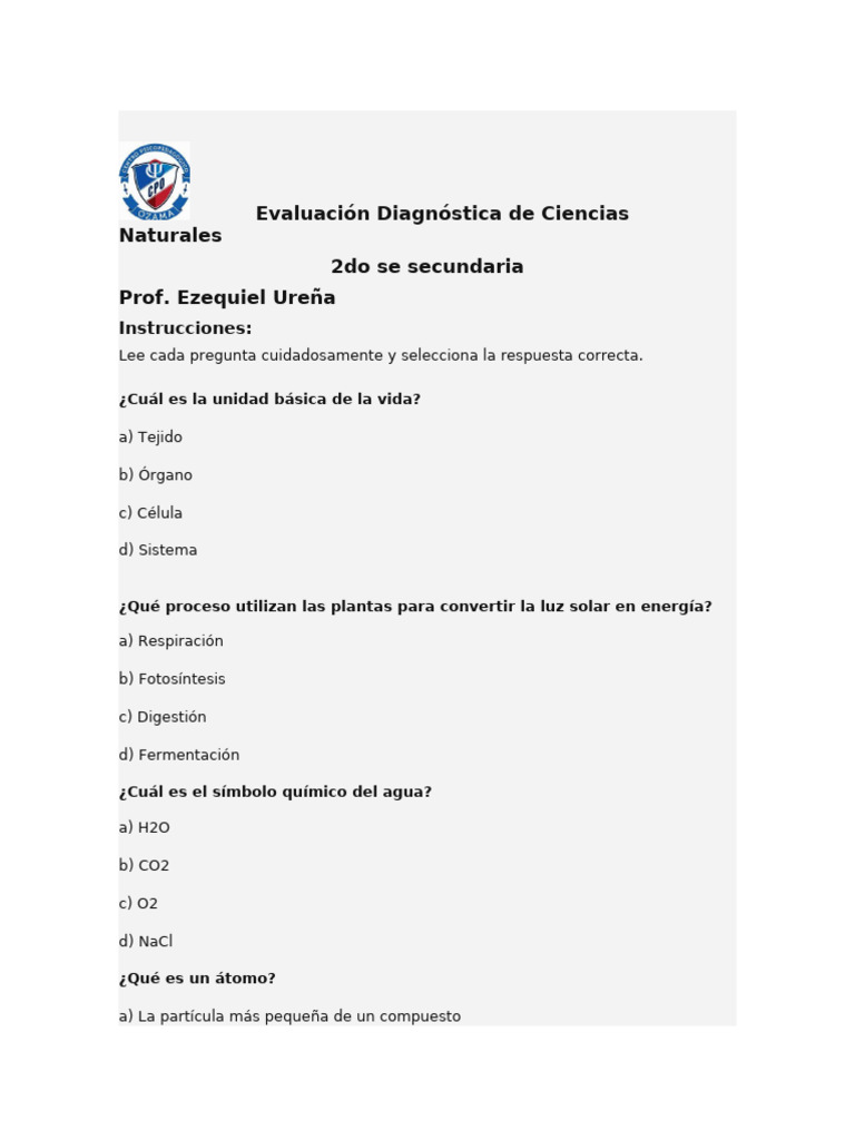 Evaluación Diagnóstica de Ciencias Naturales 2do | PDF