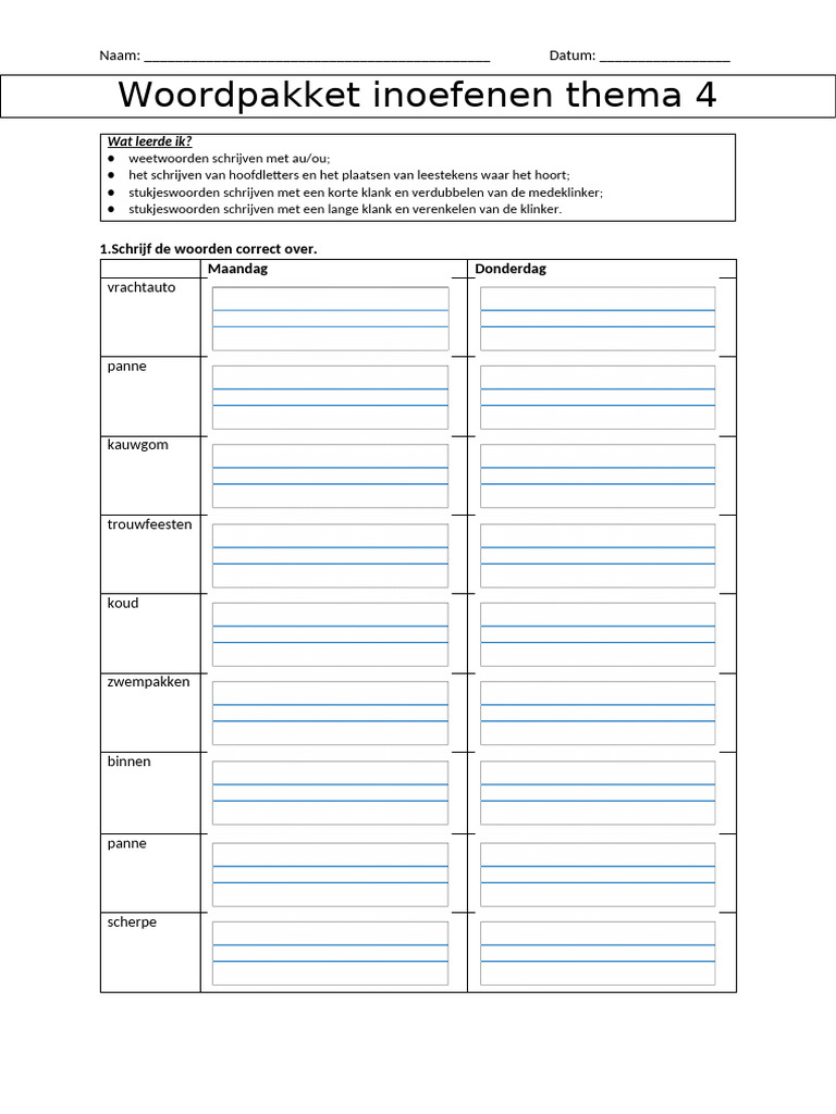 Woordpakket Inoefenen Thema 4 | PDF